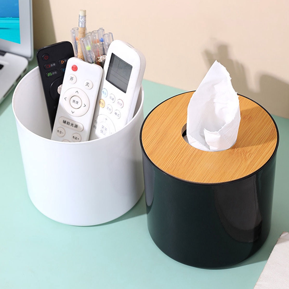 Travelwant Modern Bamboo Round Tissue Dispenser Holder Plastic Box ...