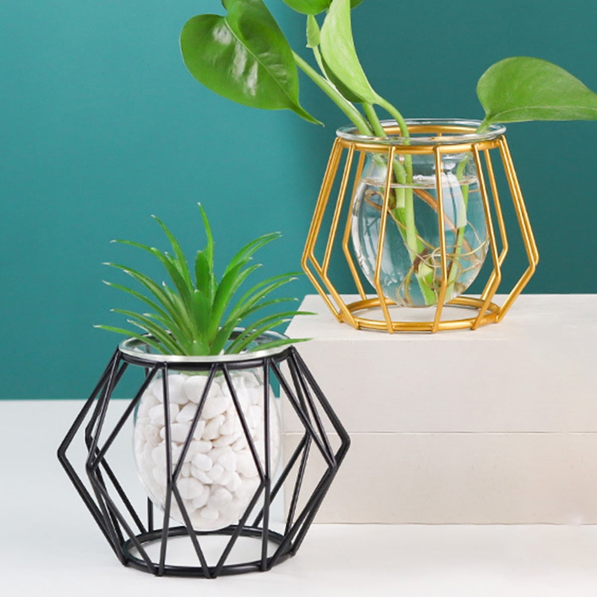 Travelwant Nordic Glass Vase, Golden Metal Plant Holder, Hydroponic ...