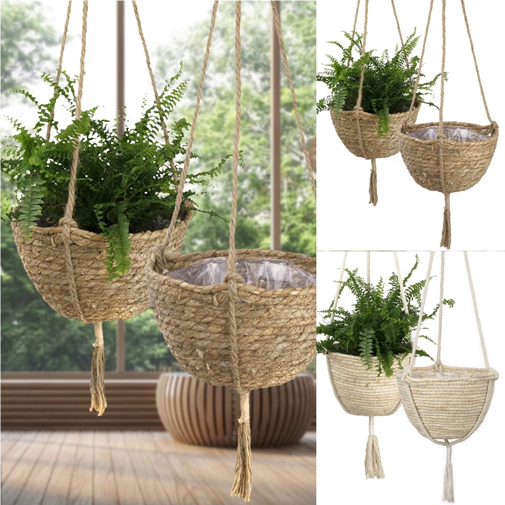 Travelwant Straw Rope Hanging Planter Baskets Flower Pot Holder ...