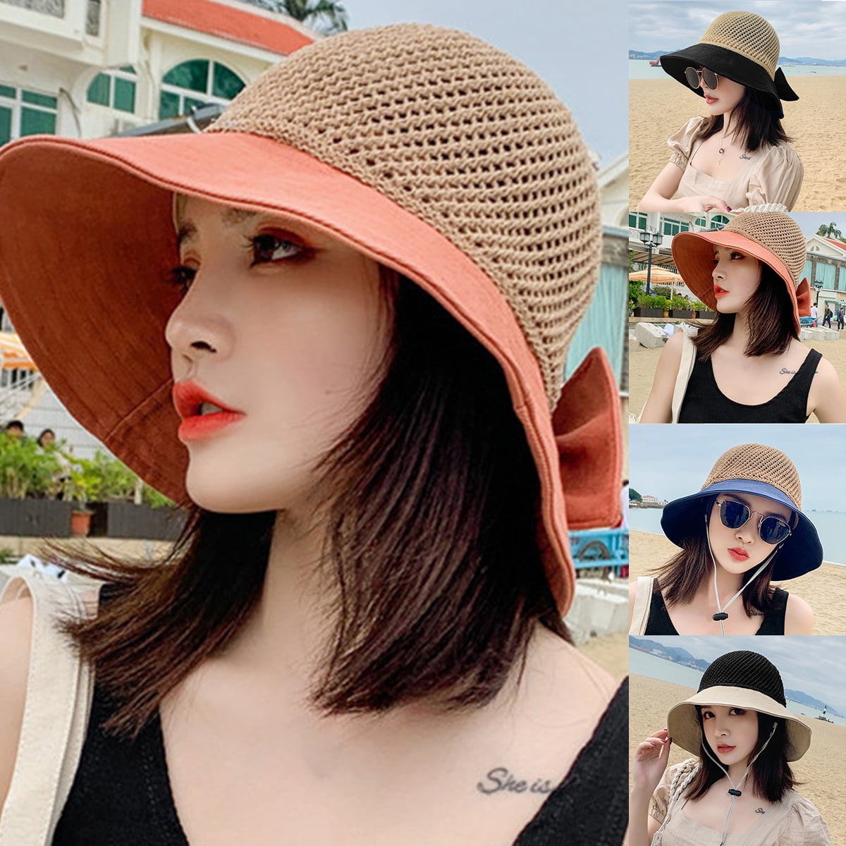 Travelwant Women Wide Brim Hat Hollow Breathable Summer Bucket Hat Bow