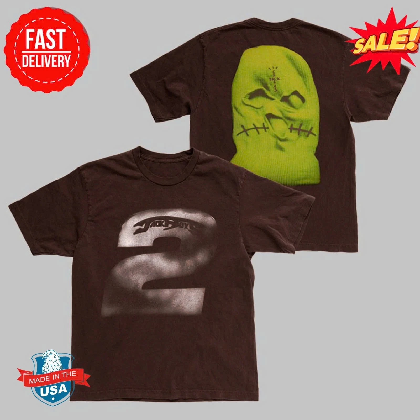 Travis_Scott Jackboys 2 Merch Neon Mask Two Sided T-Shirt Size S-3XL ...