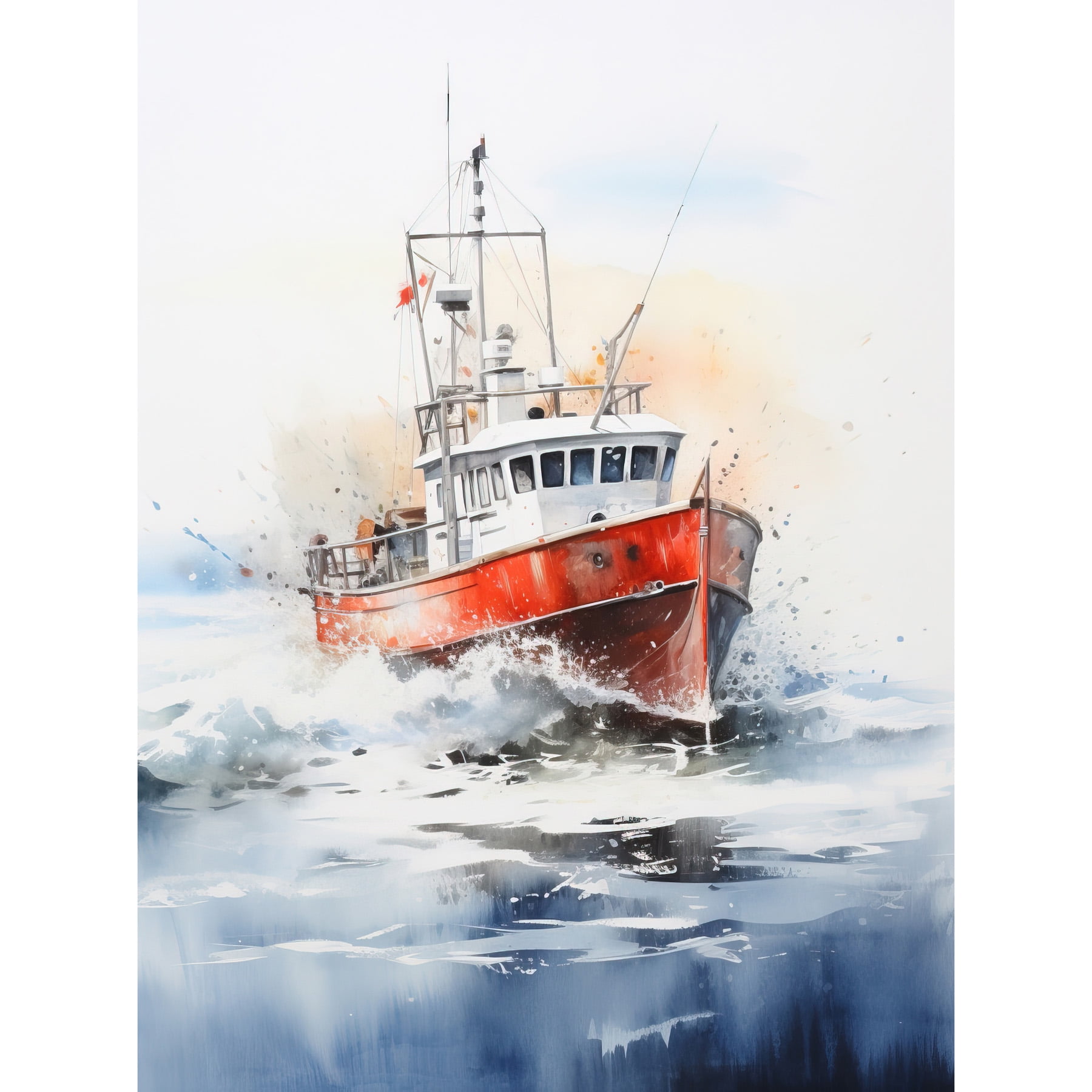 Trawler Fishing Boat Watercolour Painting Red Blue Rough Sea Fishermen ...