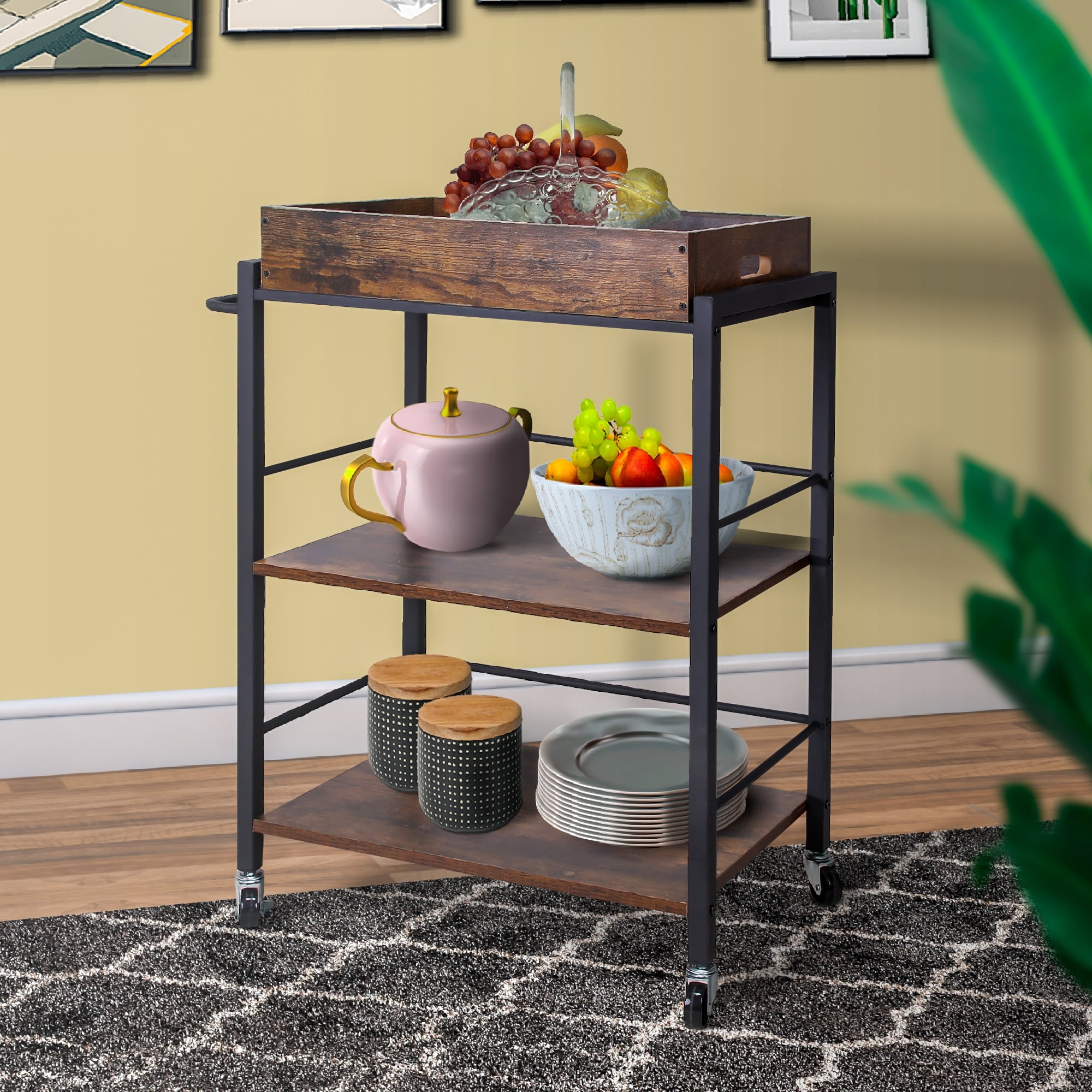 Tray Top Wooden Kitchen Cart with 2 Shelves and Casters, Brown and ...