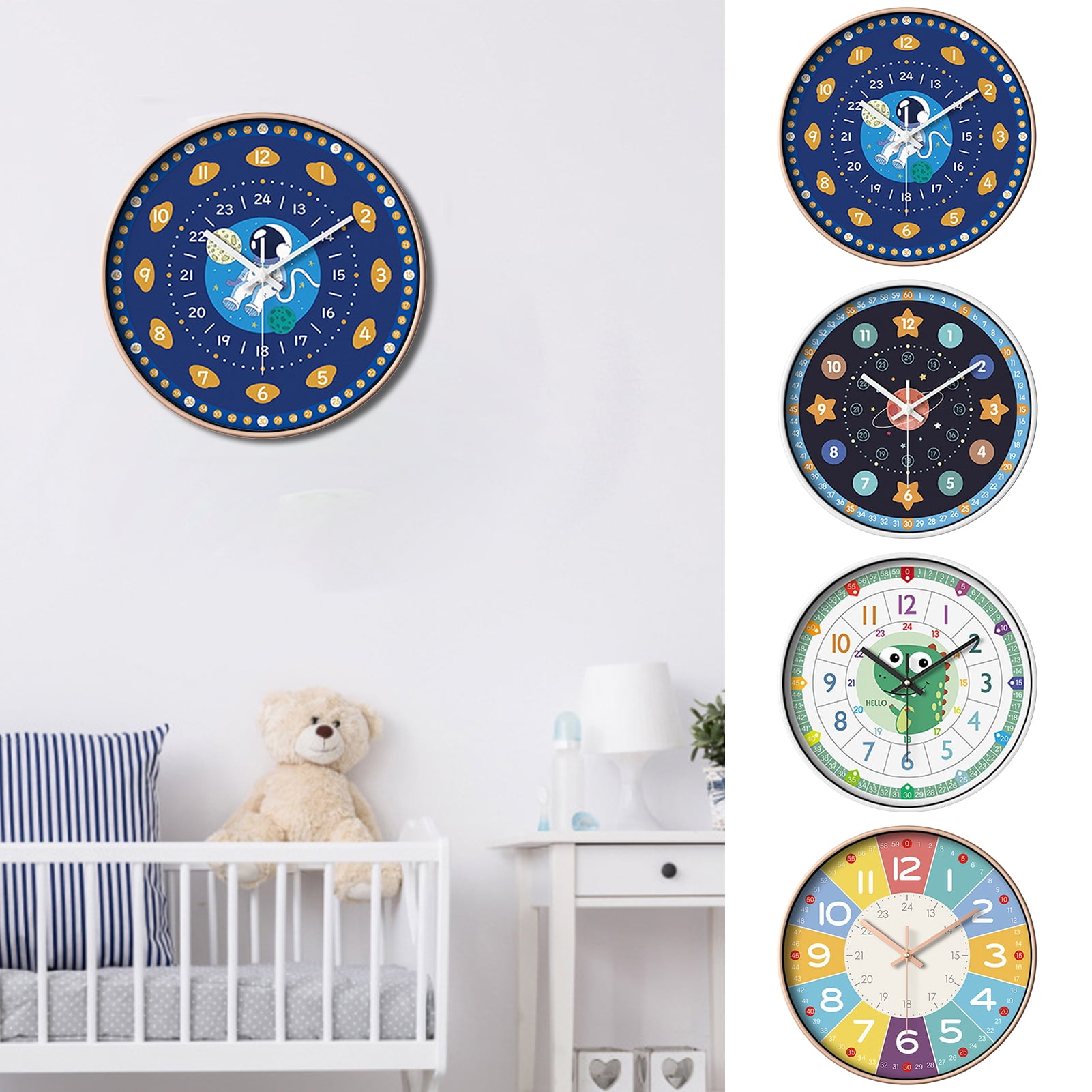 Trayknick Cartoon Dinosaur Astronaut Planet 12 Inch Round Wall Clock