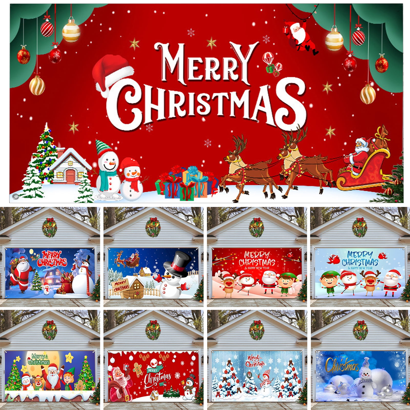 Trayknick Christmas Banner Garage Door Decoration - Snowman Santa Claus Elk Print Backdrop for ...
