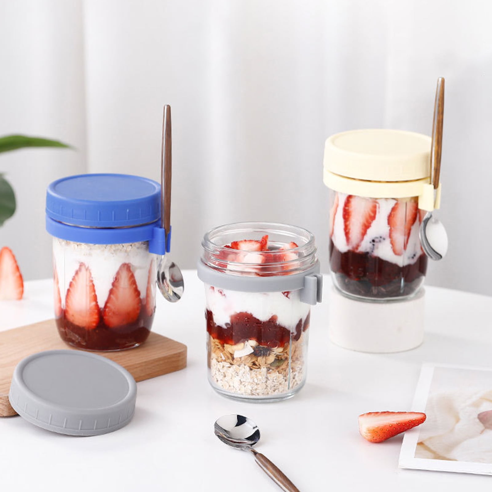 Trayknick Clear Scale Design Glass Oatmeal Breakfast Cups with Spoon ...