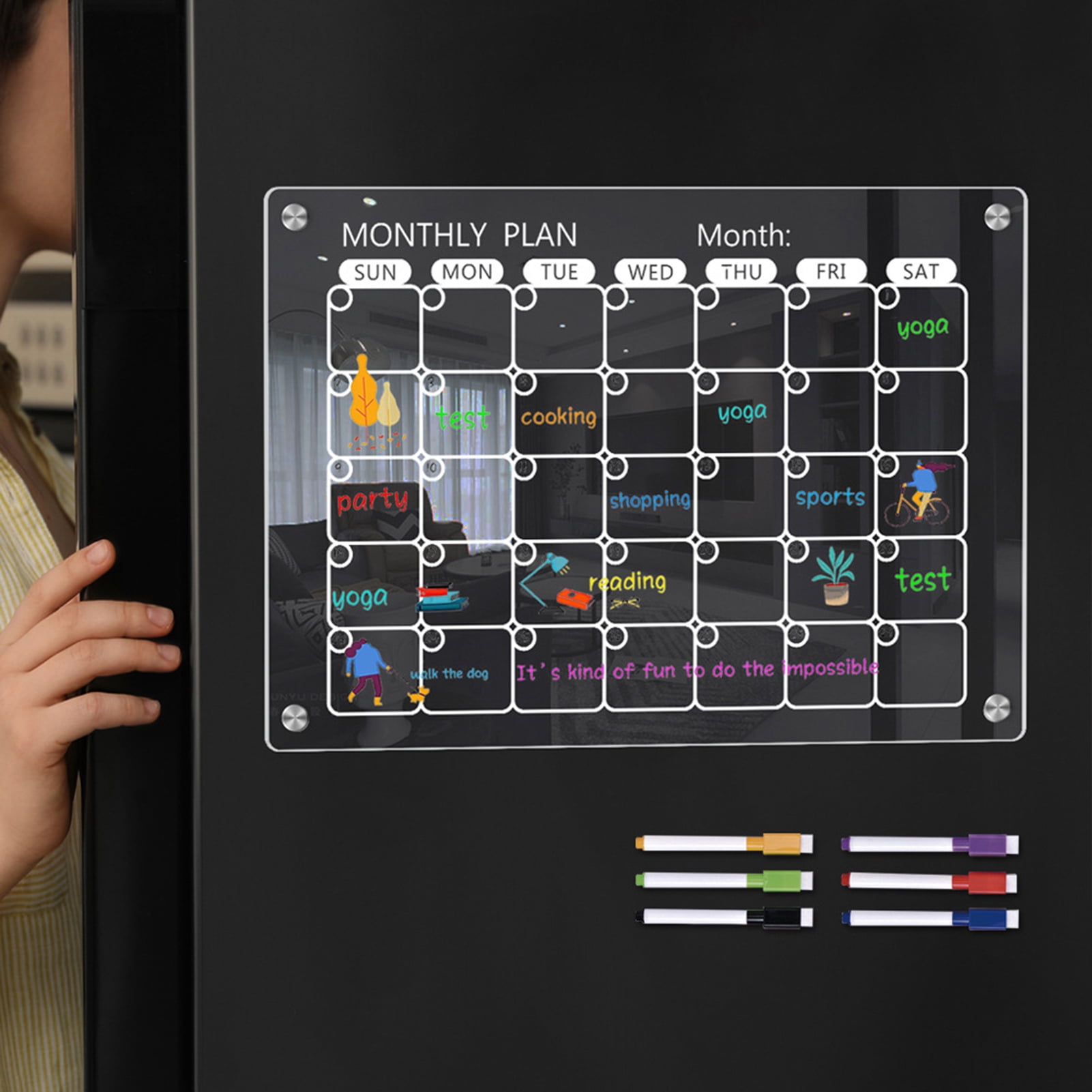 Trayknick Magnetic Calendar Whiteboard Set - 6 Colored Markers, Clear ...