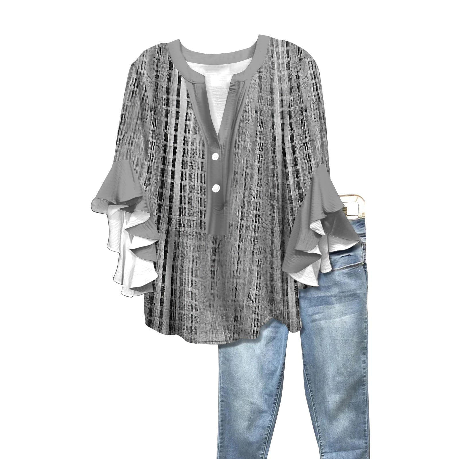 TrdSipl 3/4 Sleeve Tops for Women Striped Plaid Ruffle Sleeve Top ...