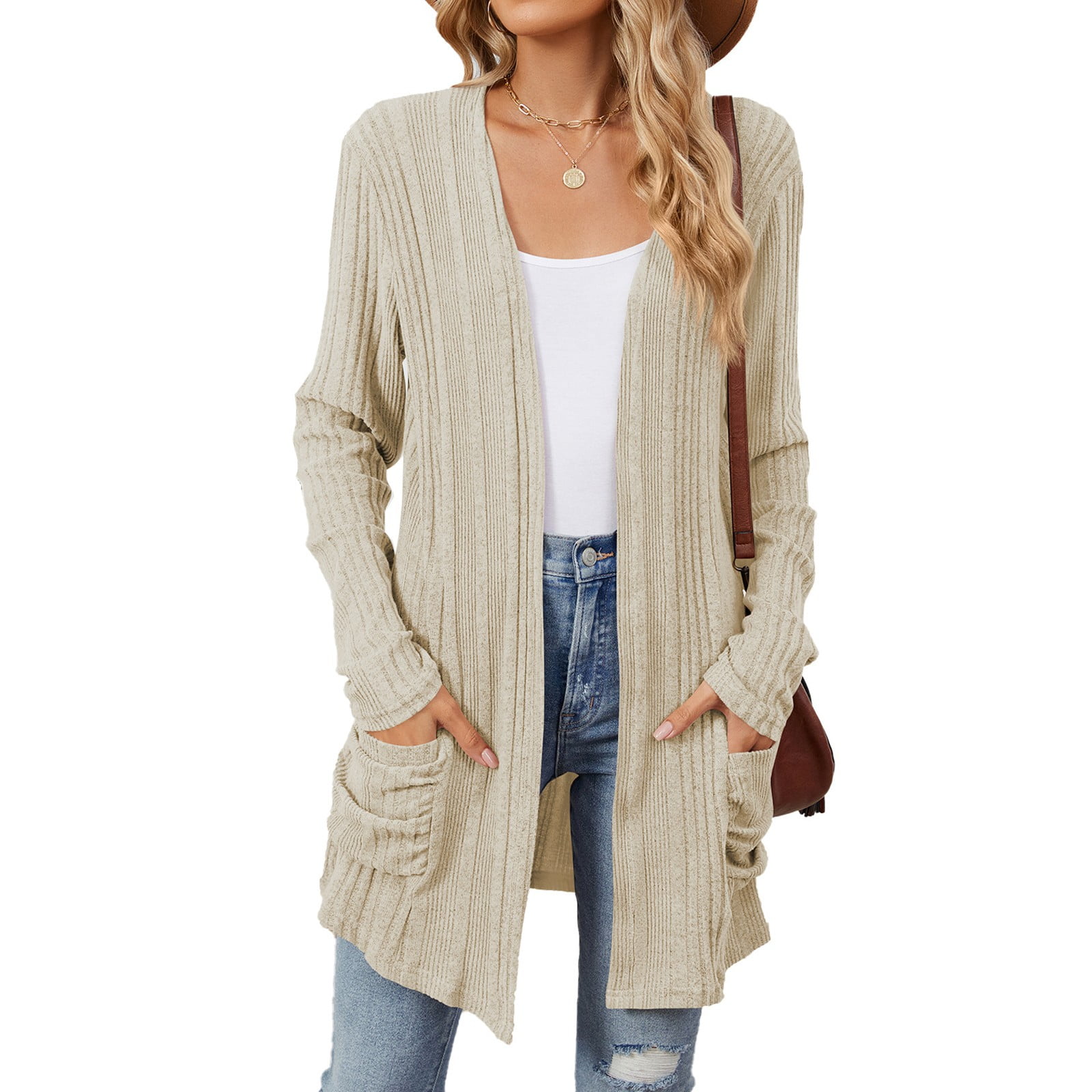 TrdSipl Beige Cardigan Sweaters for Women Light Weight Ribbed Knit ...