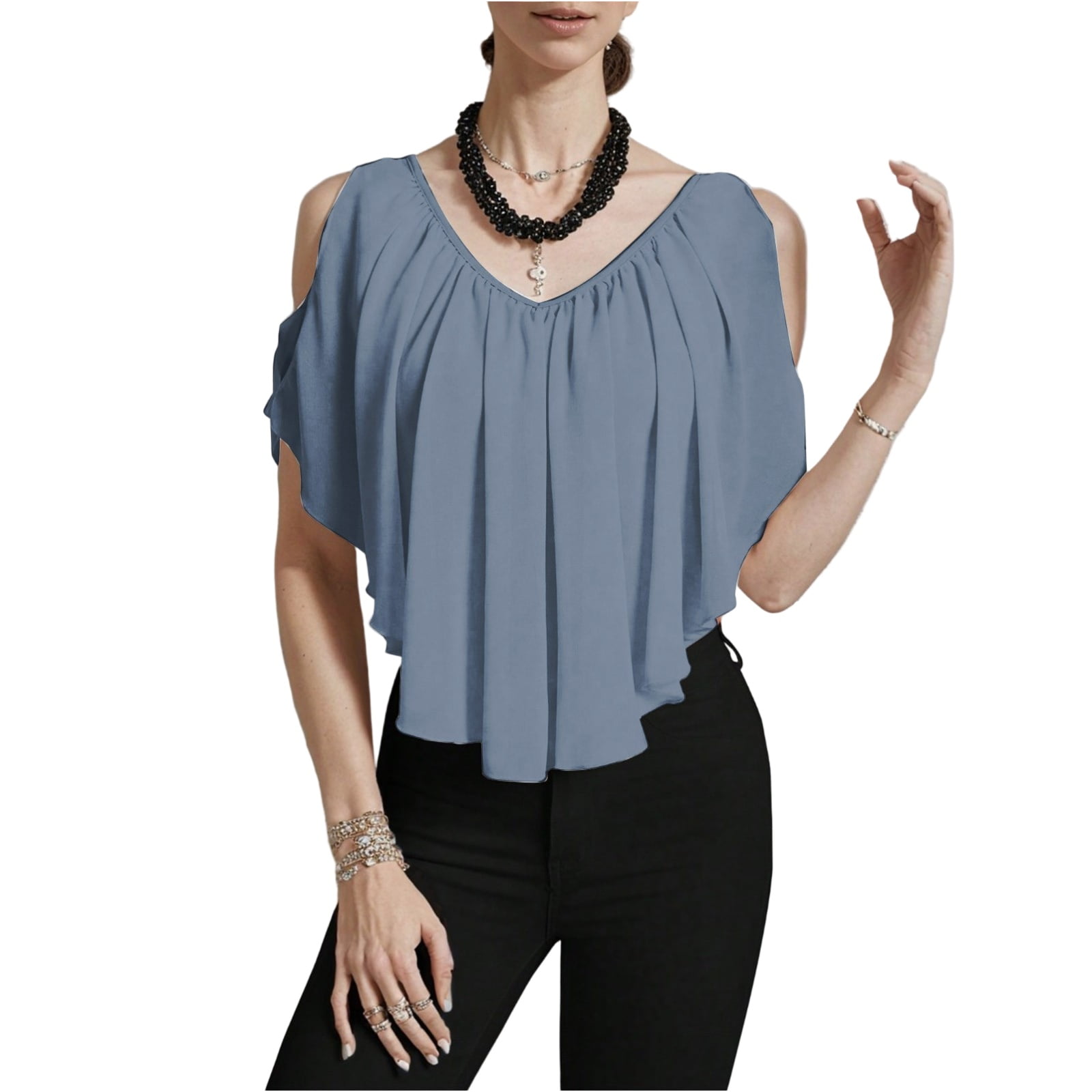 TrdSipl Cold Shoulder Tops for Women Ruched V-Neck Tops Cut Out Dolman ...