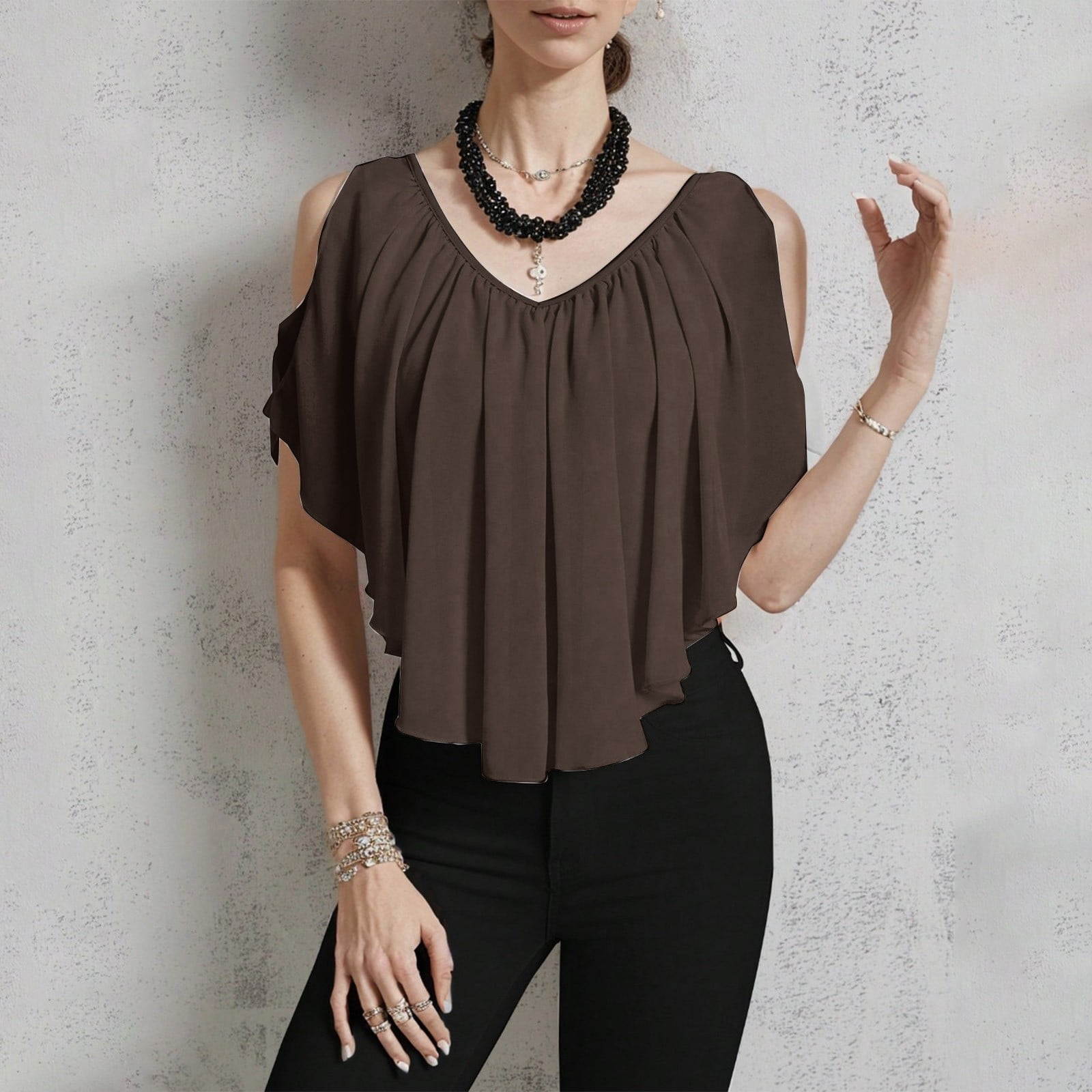 TrdSipl Cold Shoulder Tops for Women Ruffle V Neck Tops Cut Out Half Sleeve Blouses Flattering ...