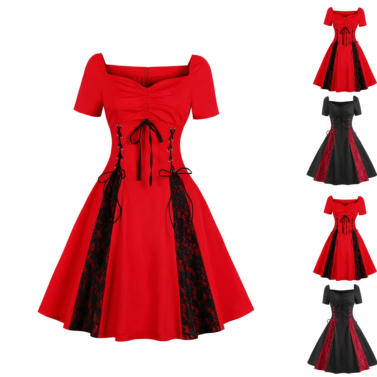 TrdSipl Gothic Dress for Women Retro Lace Up Renaissance Dresses Ruched ...