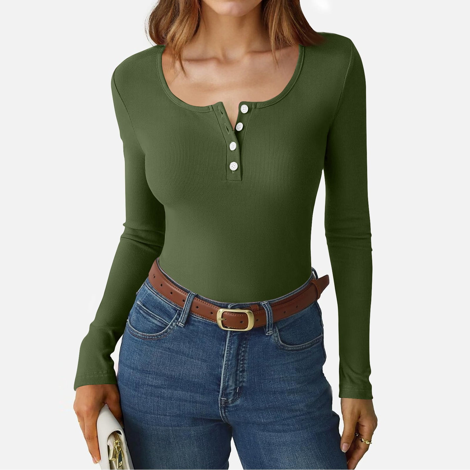 TrdSipl Henley Shirts for Women Long Sleeve Button Basic Top Dressy ...