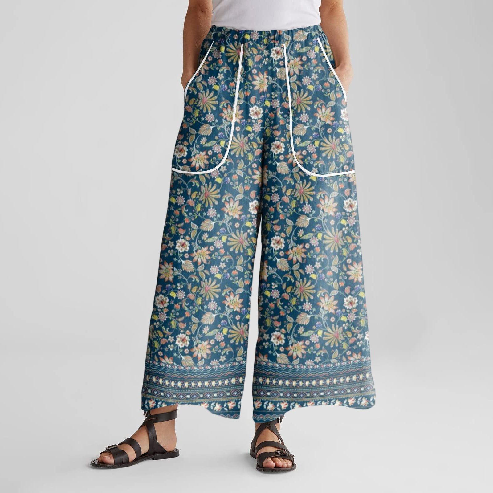 TrdSipl Linen Pants Women Floral Wide Leg Cropped Pants Plus Size Cute ...