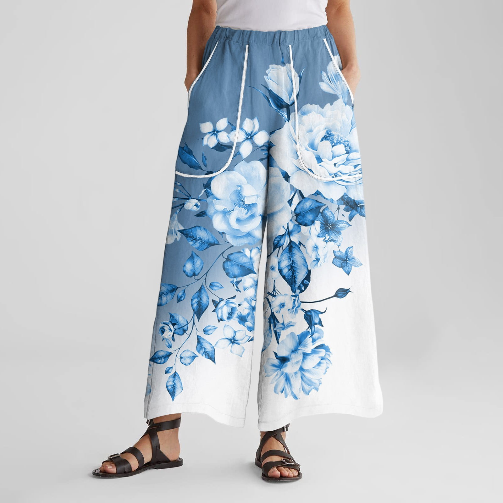 TrdSipl Linen Pants Women Petite Floral Wide Leg Pants Loose Fit Casual ...