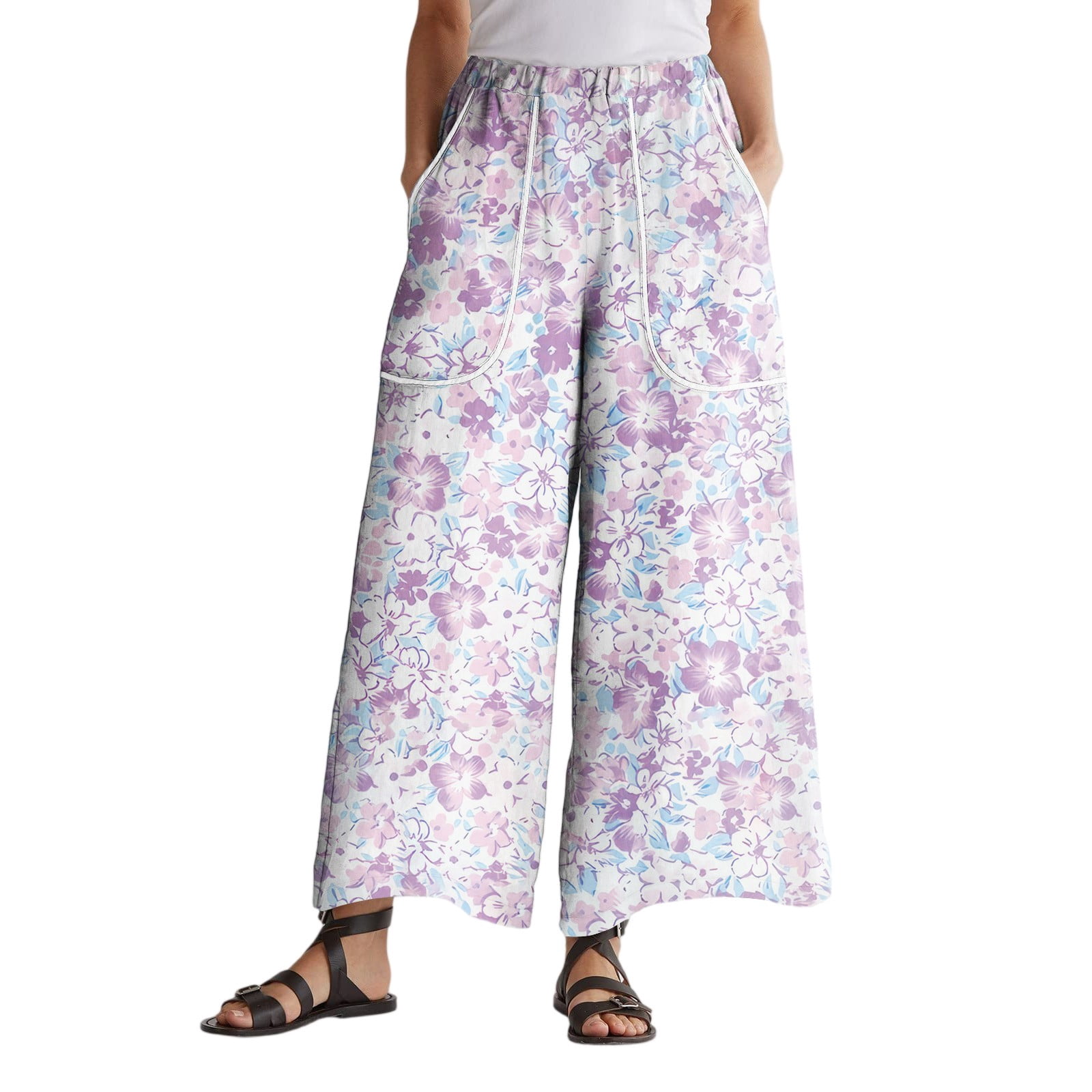 TrdSipl Linen Pants Women Wide Leg Loose Cropped Pants Floral Flowy ...