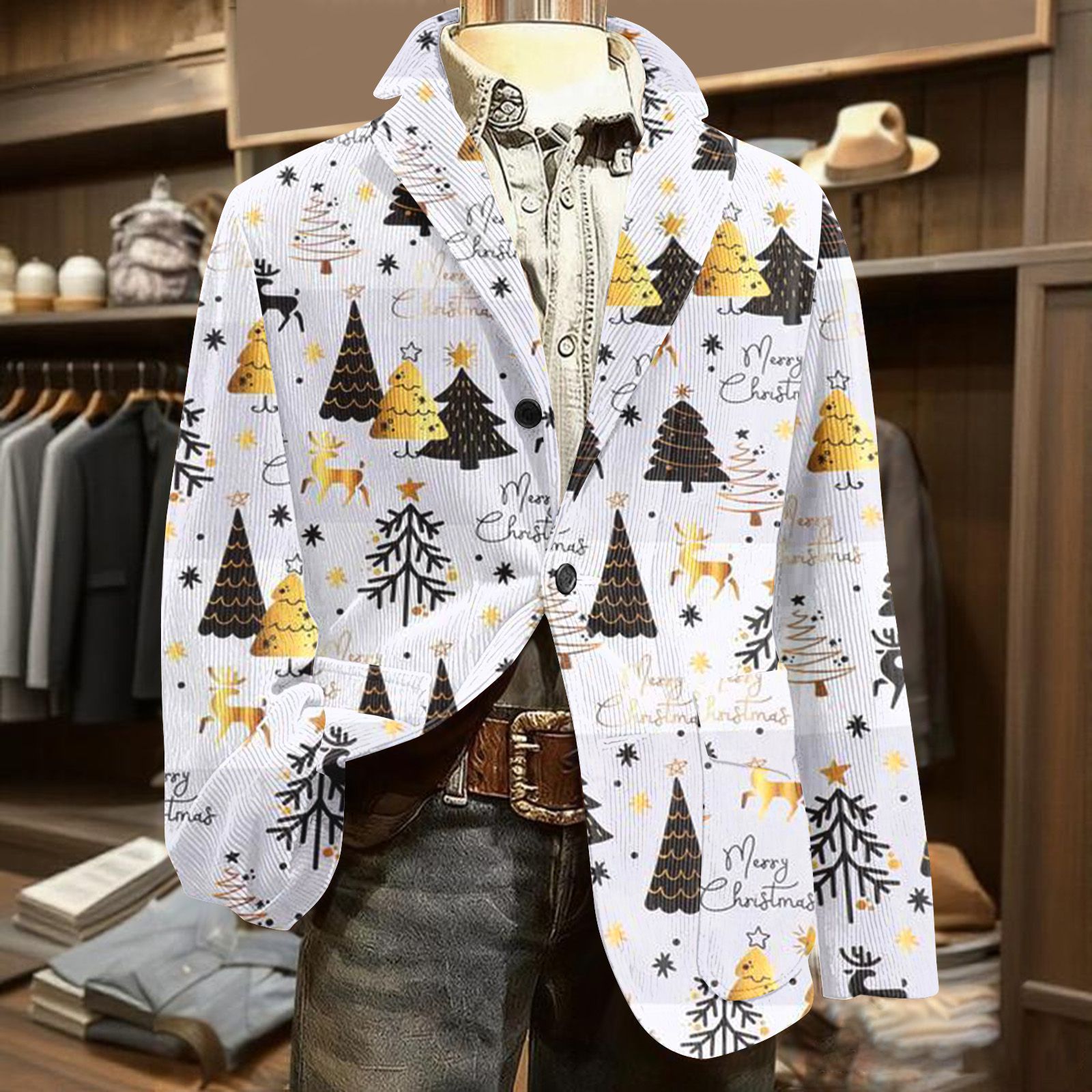 TrdSipl Men Christmas Suit Vintage Xmas Print Corduroy Blazer Light ...
