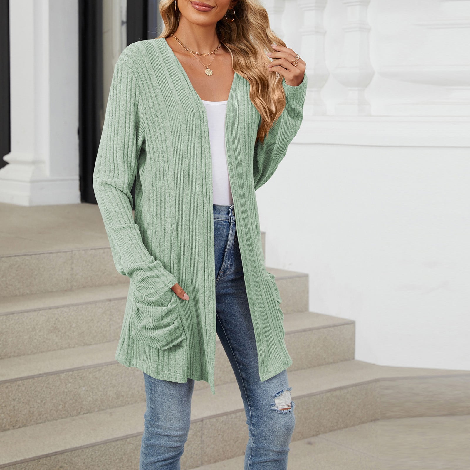 TrdSipl Open Front Cardigan Women Lightweight Ribbed Knit Cardigan ...