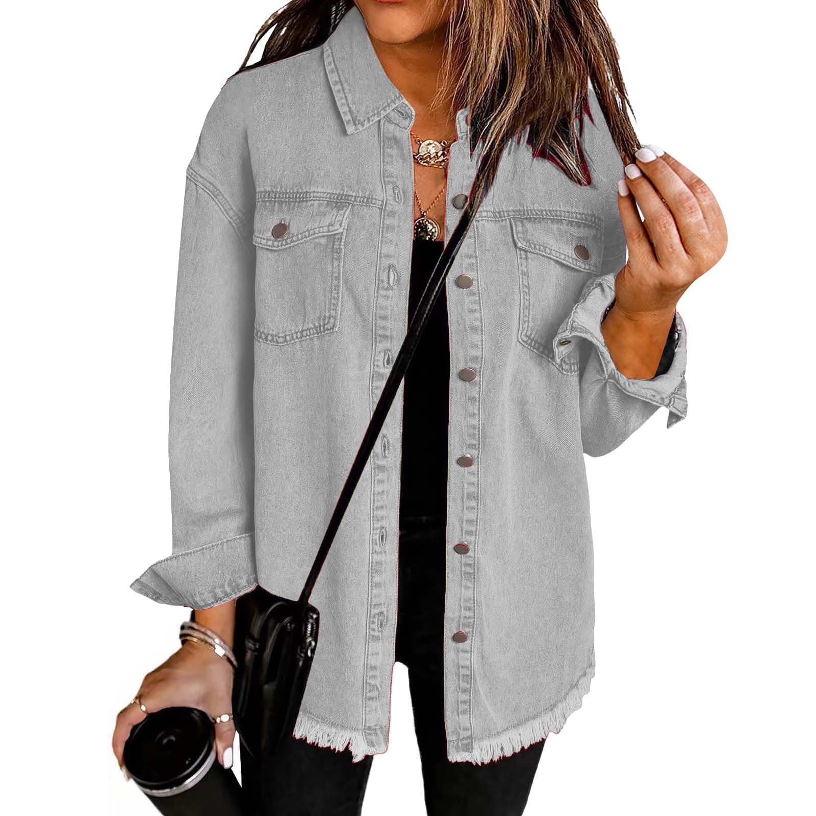 TrdSipl Oversized Womens Button Denim Jackets Lounge Long Sleeve Denim ...