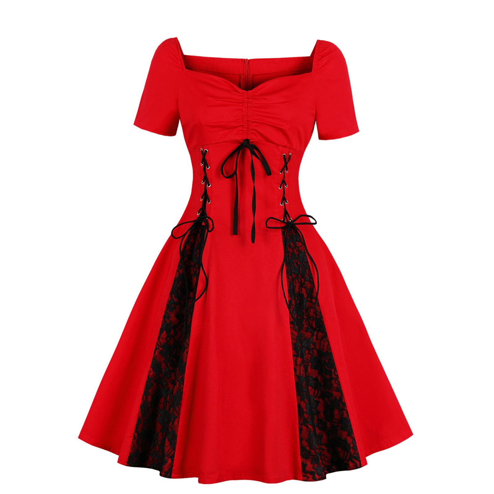 TrdSipl Retro Dresses for Women Ruched Lace Up Gothic Dresses Vintage ...