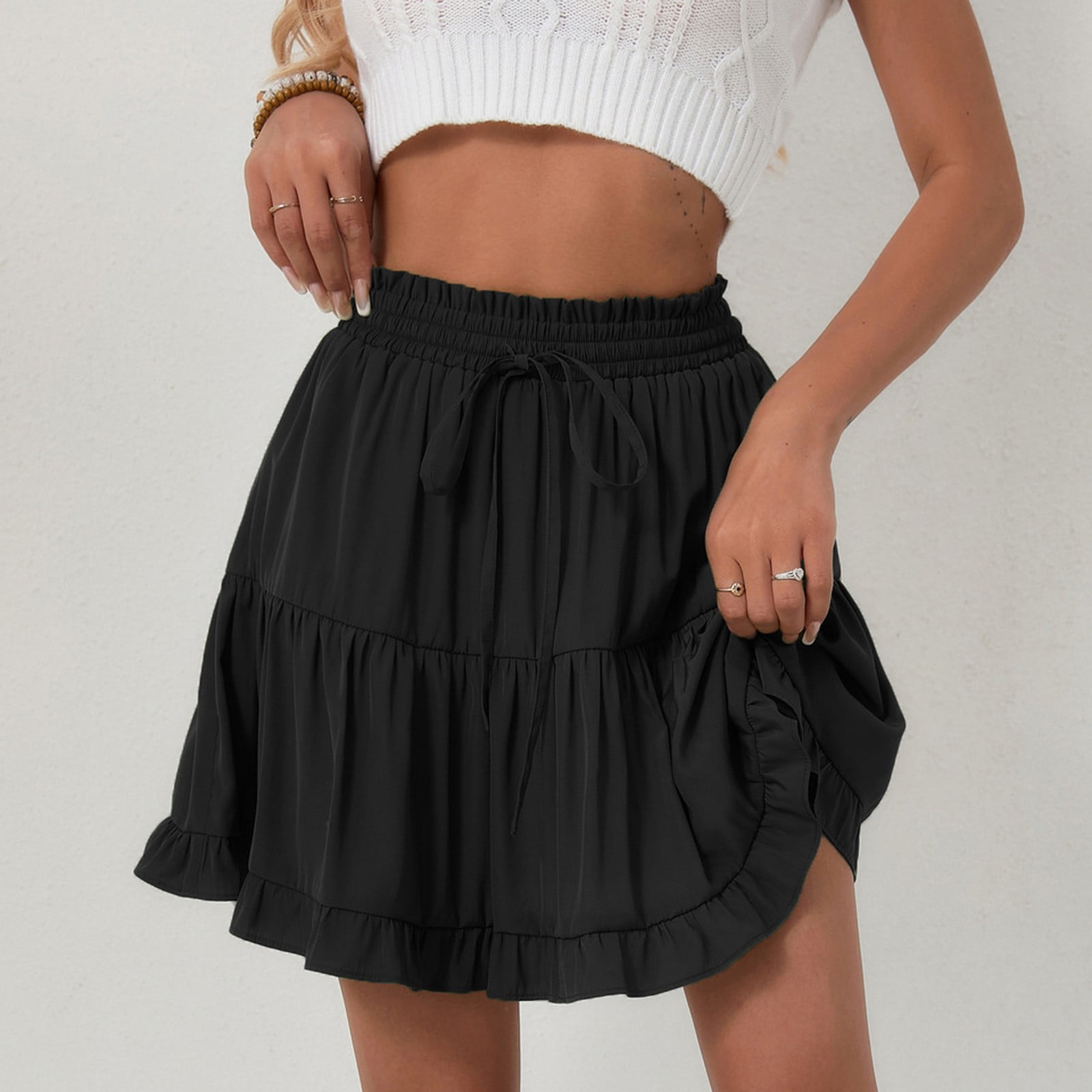 TrdSipl Skorts for Women Dressy Casual Tiered Ruffle Flowy Skort Drawstring High Waisted Skirt ...