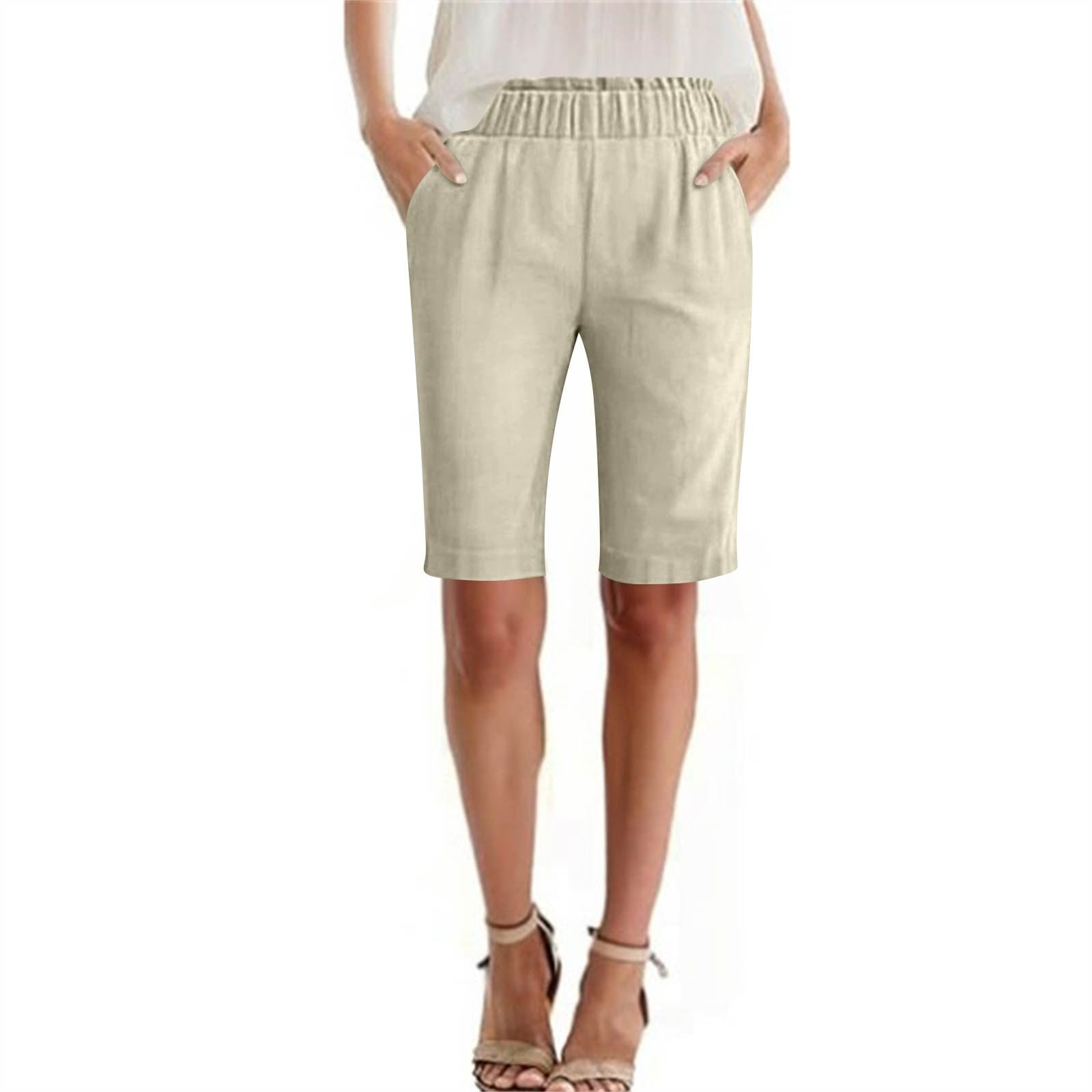 TrdSipl Summer Bermuda Cotton Linen Shorts for Women Knee Length High ...