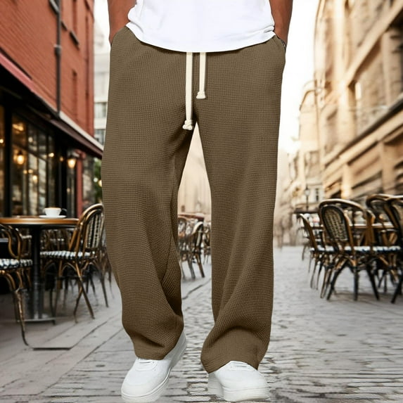 TrdSipl Waffle Pants for Men Casual Solid Color Wide Leg Pants Loose ...