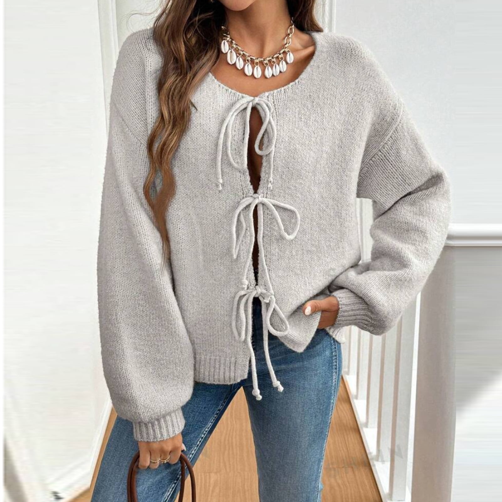 TrdSipl Women's Tie Front Cardigan Sweaters Cute Bowtie Long Puff ...