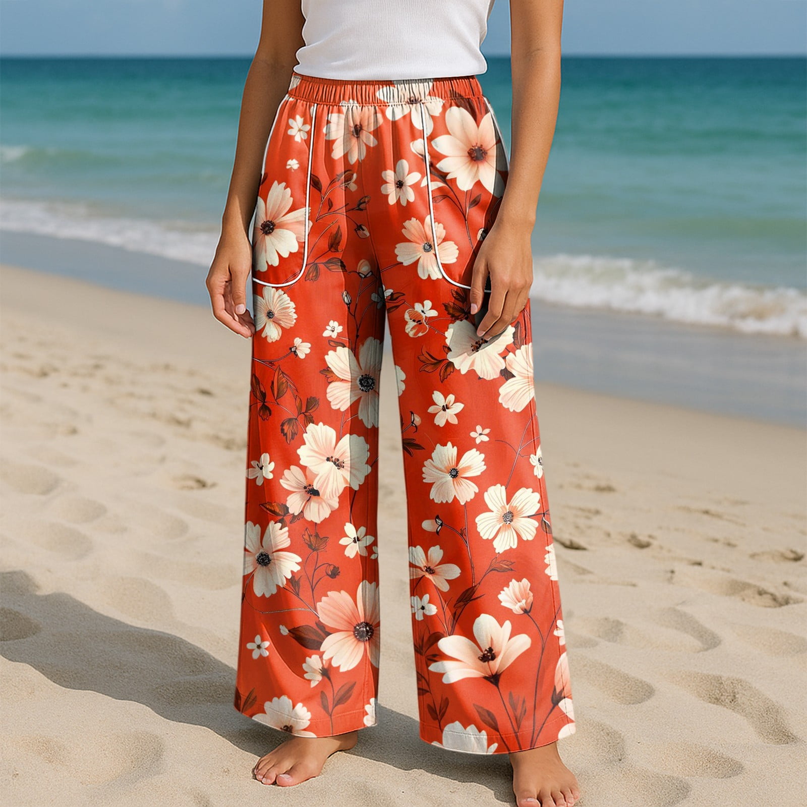 TrdSipl Womens Linen Pants Loose Wide Leg Pants Floral Flowy Cute High ...