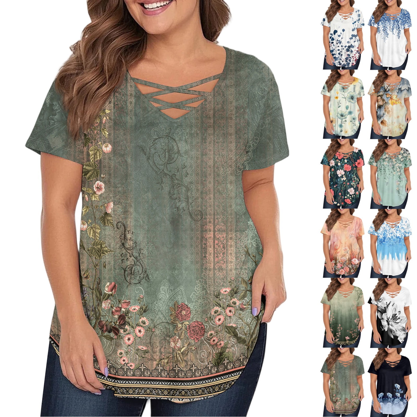 TrdSipl Womens Plus Size Tops Spring 4x-5x Top Criss Cross V Neck Tees ...