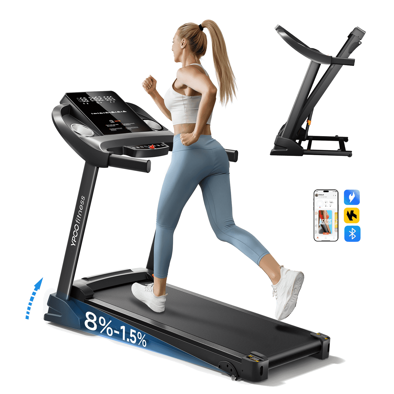 YPOO Portable Folding Treadmill for Home Office with Incline Bluetooth ...
