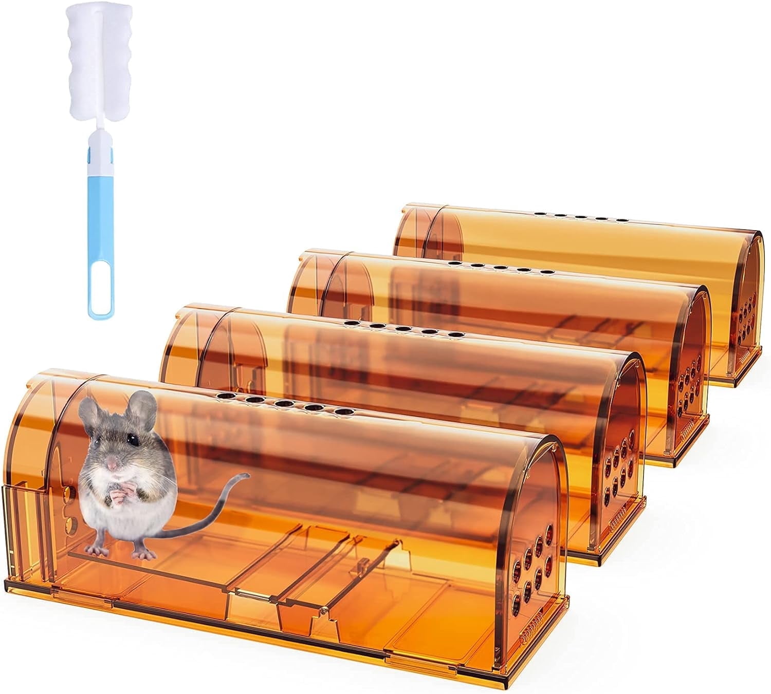 Treamon 4 Pack Humane Live Mouse Traps, Brown, Reusable Indoor Rodent ...