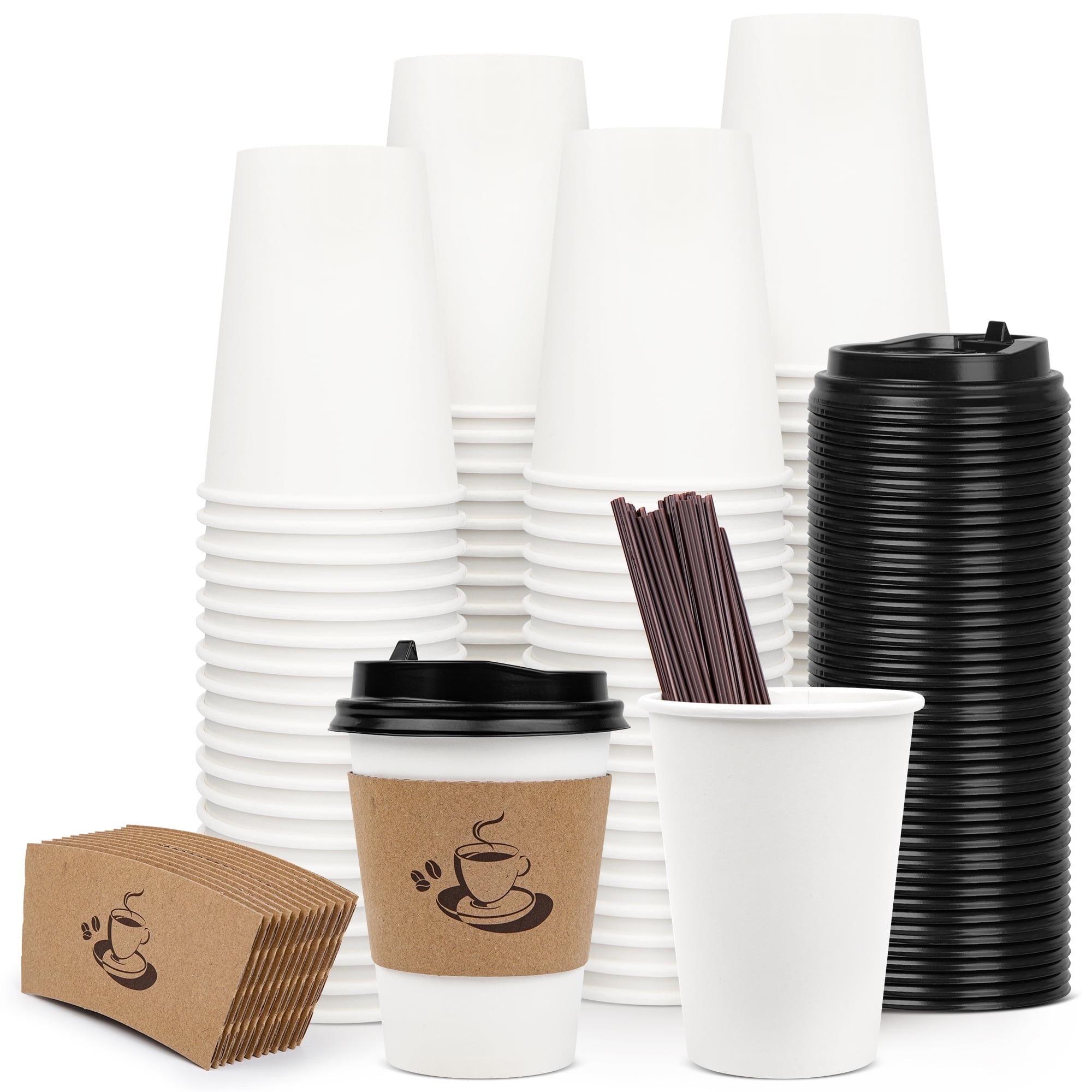 Treamon Disposable Paper Cups Hot Cups with Lids Sleeve Straw, 12 oz 50 ...