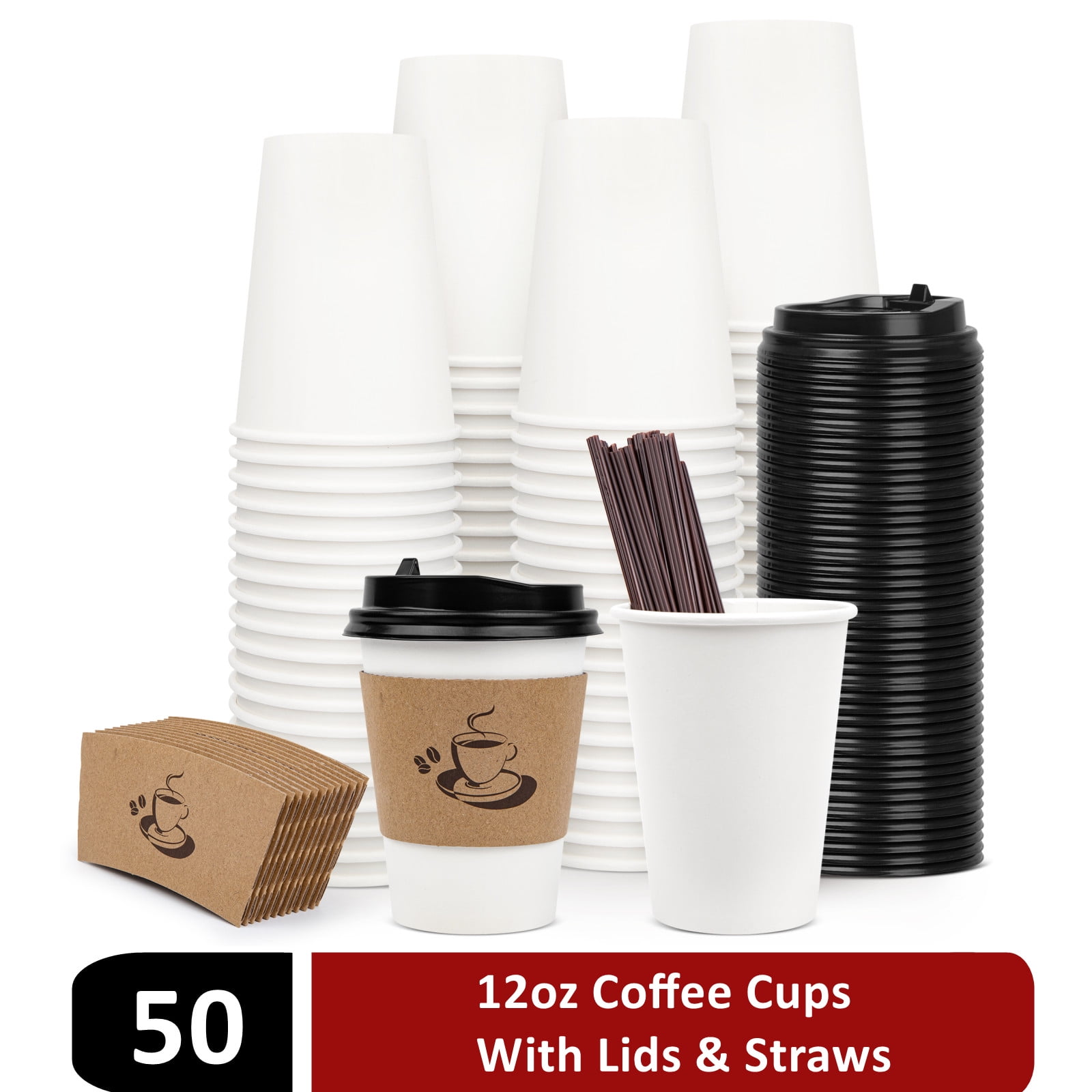 Treamon Disposable Paper Cups Hot Cups with Lids Sleeve Straw, 12 oz 50 ...