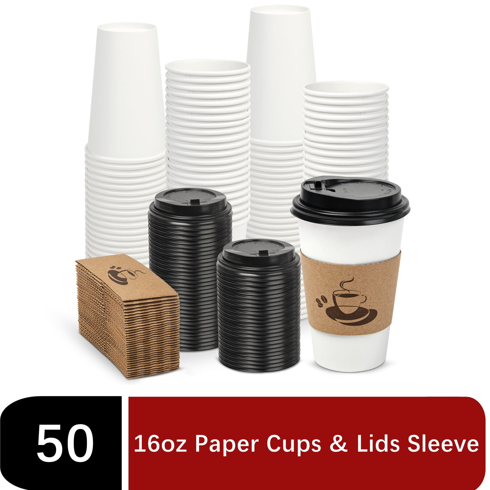 Treamon Disposable Paper Cups with Lids, Sleeve 16 oz 50 Count ...