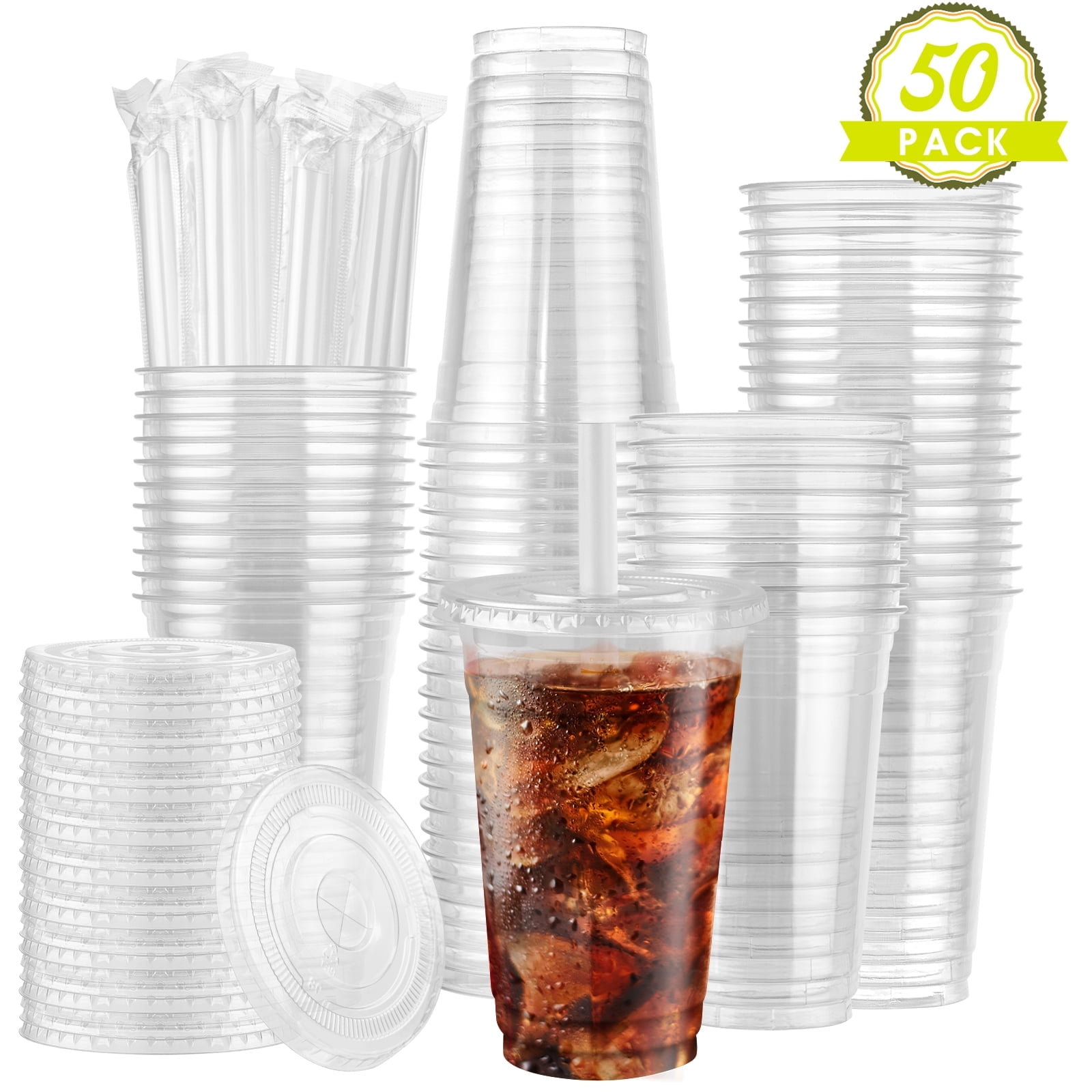 Treamon Disposable Plastic Cups, Clear, with Flat Lids and Straws, 20 ...