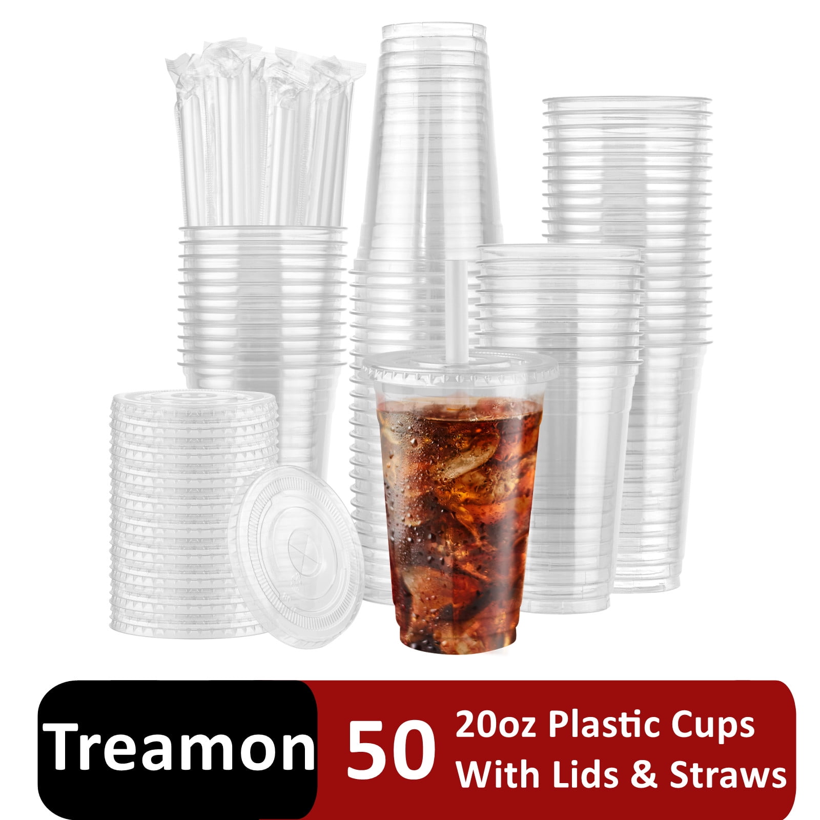 Treamon Clear Plastic Cups, Disposable Cups with Lids and Straws, 20 oz ...