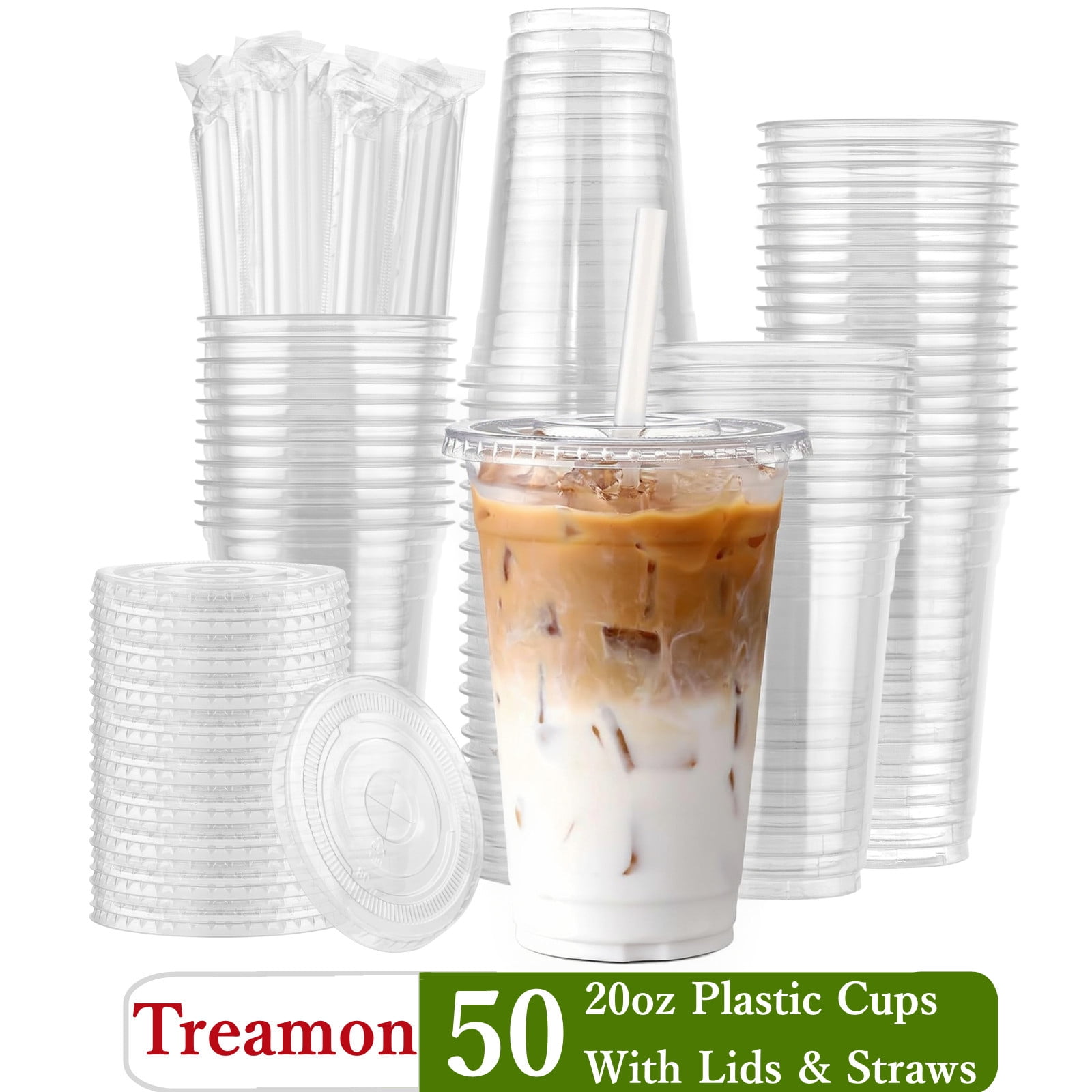 Treamon Clear Plastic Cups, Disposable 20 oz Cups, Lids and Straws, BPA ...
