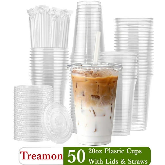 Treamon Clear Plastic Cups, Disposable 20 oz Cups, Lids and Straws, BPA ...