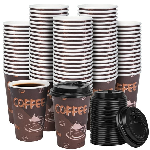 Treamon Disposable To Go Paper Cups with Lids 16 oz 100 Pack Leakproof ...