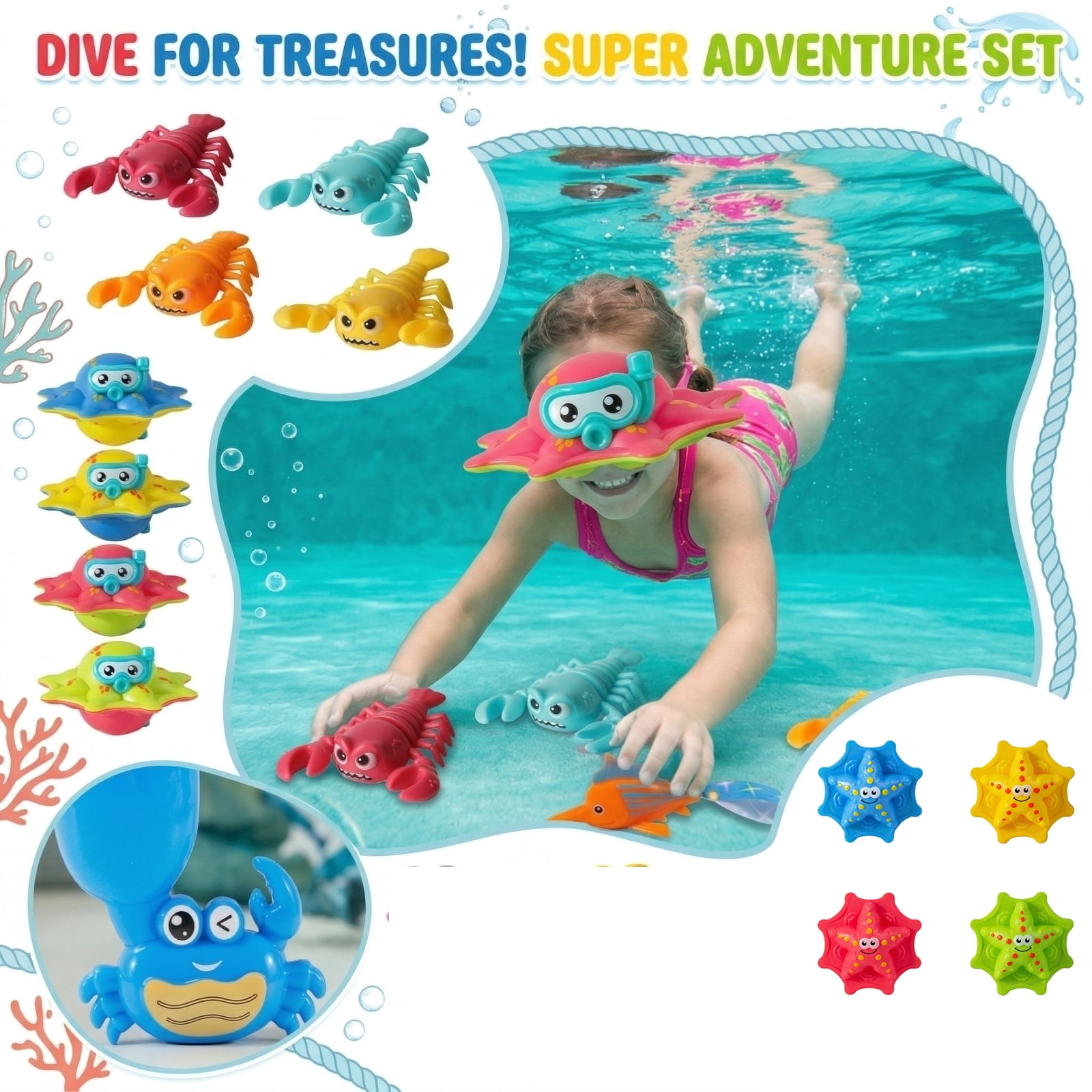 Treasure Hunt Pool Toys for Kids, Ocean Animal Dive Set with Sea ...