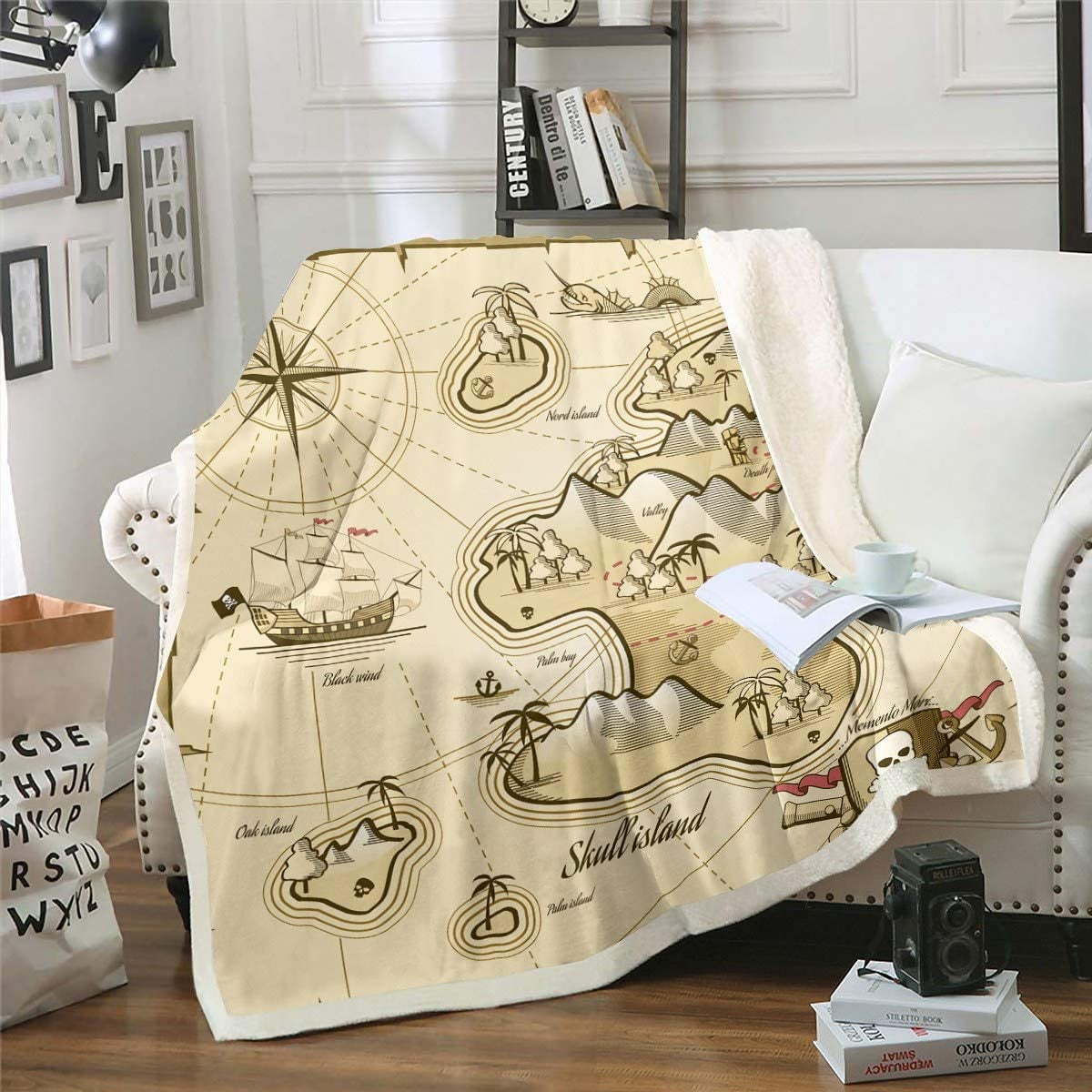 Treasure Map flannel Throw Blanket World Map Islands Sherpa Blanket for ...