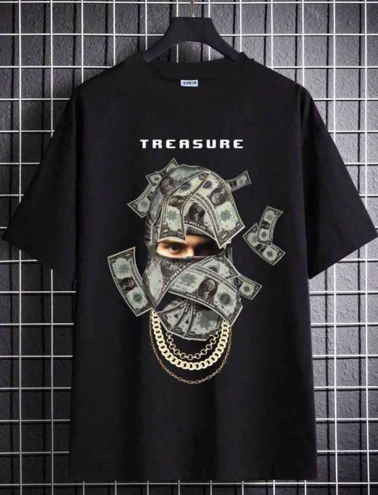 Treasure Mask Money Graphic Tee Urban Street Art Gold Chain Design Bold ...