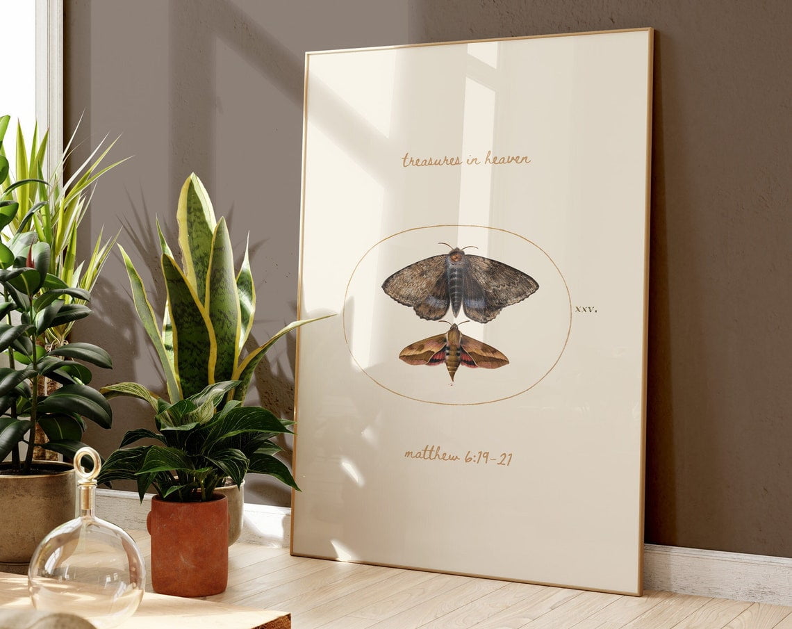 Treasures In Heaven Vintage Moth Print Christian Wall Art Wall Art ...