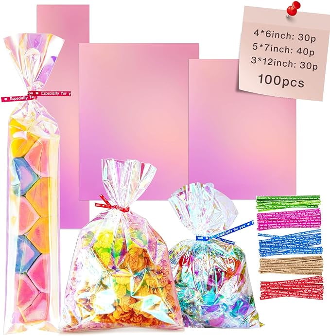 Treat Bags, 4x6, 5x7, 3x12 Inch Iridescent Cellophane Bags with Twist ...