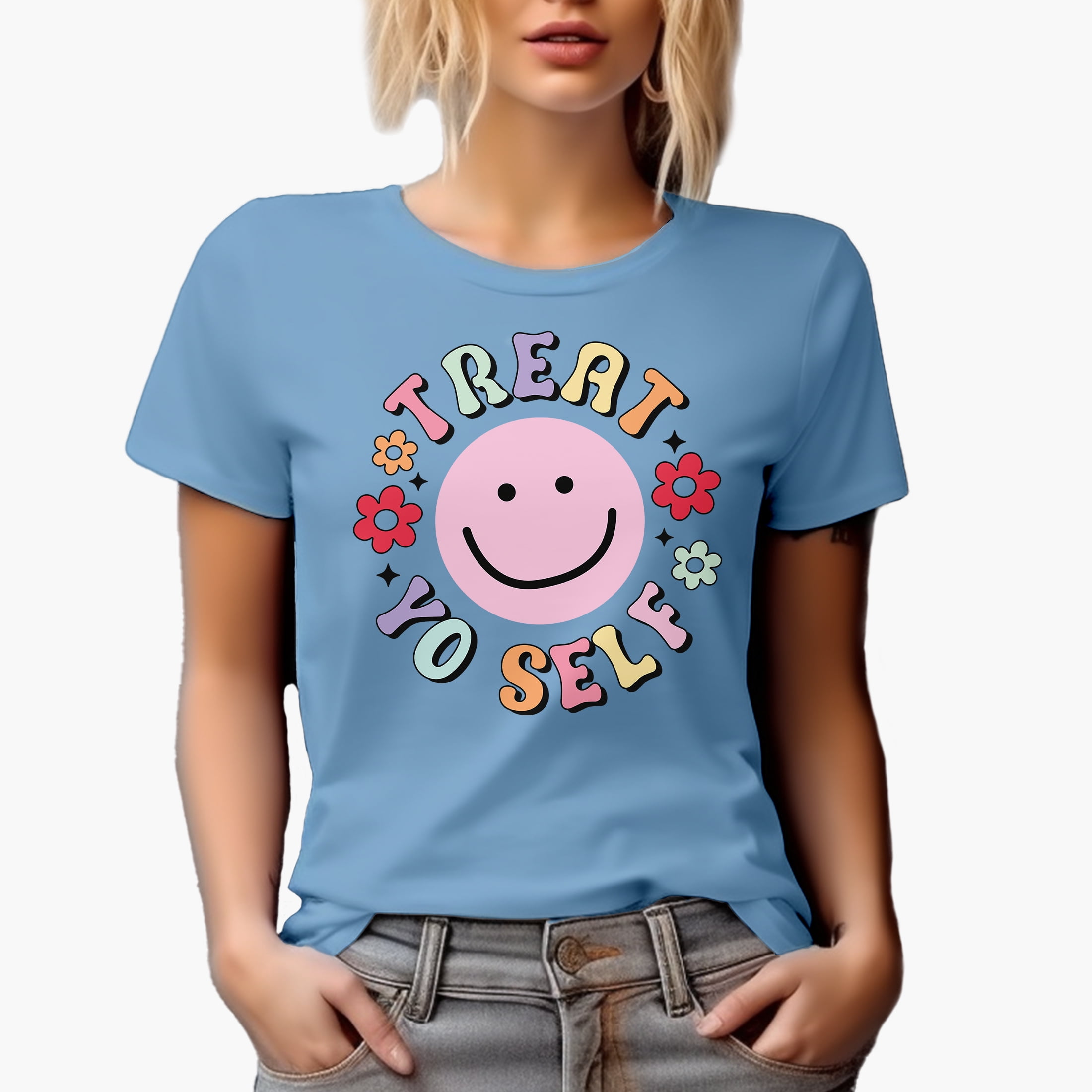 Treat Yo Self with a Happy or Smiling Face and Flowers Art Merch Gift ...