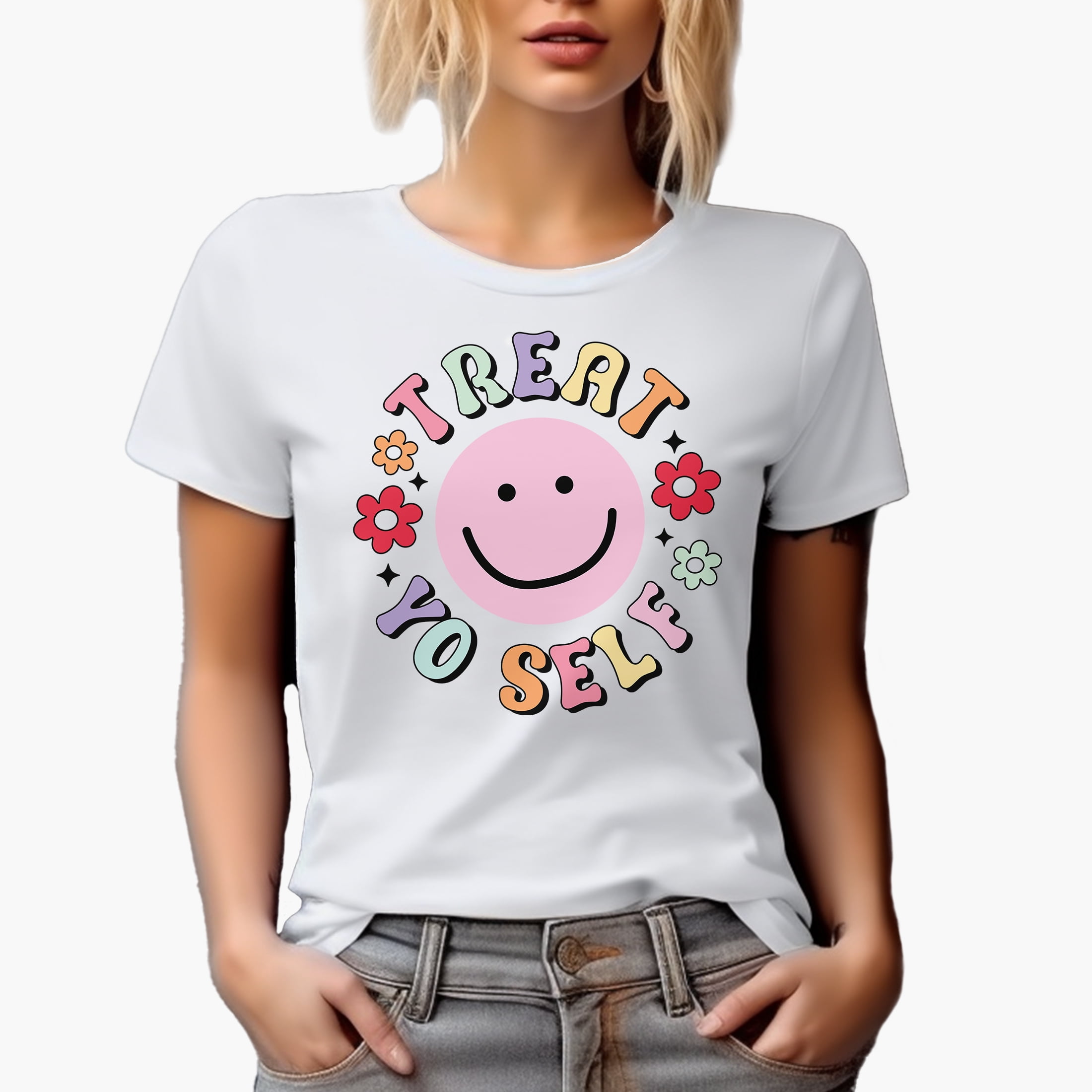 Treat Yo Self with a Happy or Smiling Face and Flowers Art Merch Gift ...