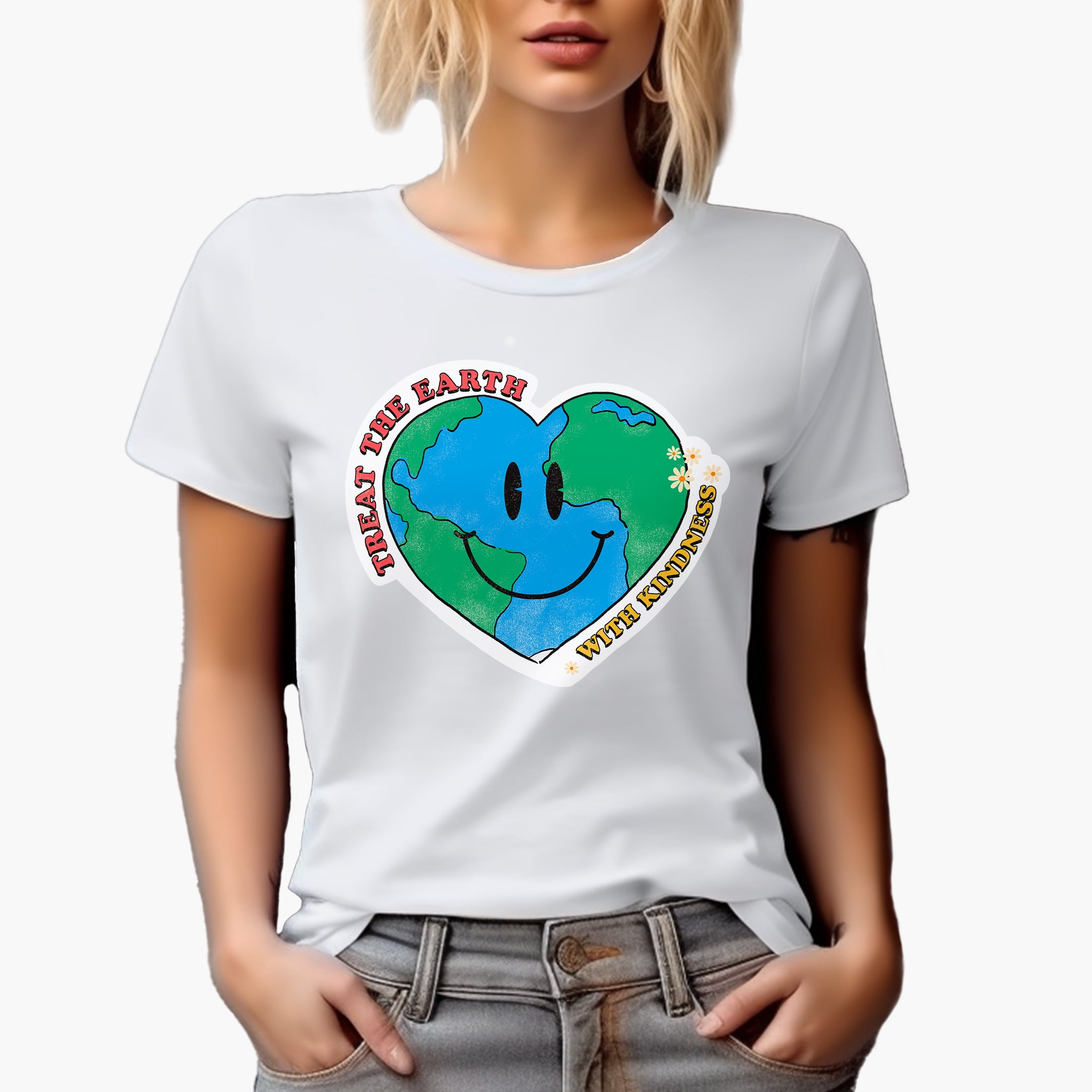 Treat the Earth with Kindness with Smiling Heart, Earth Day & Environmentalist Merch Gift, White ...