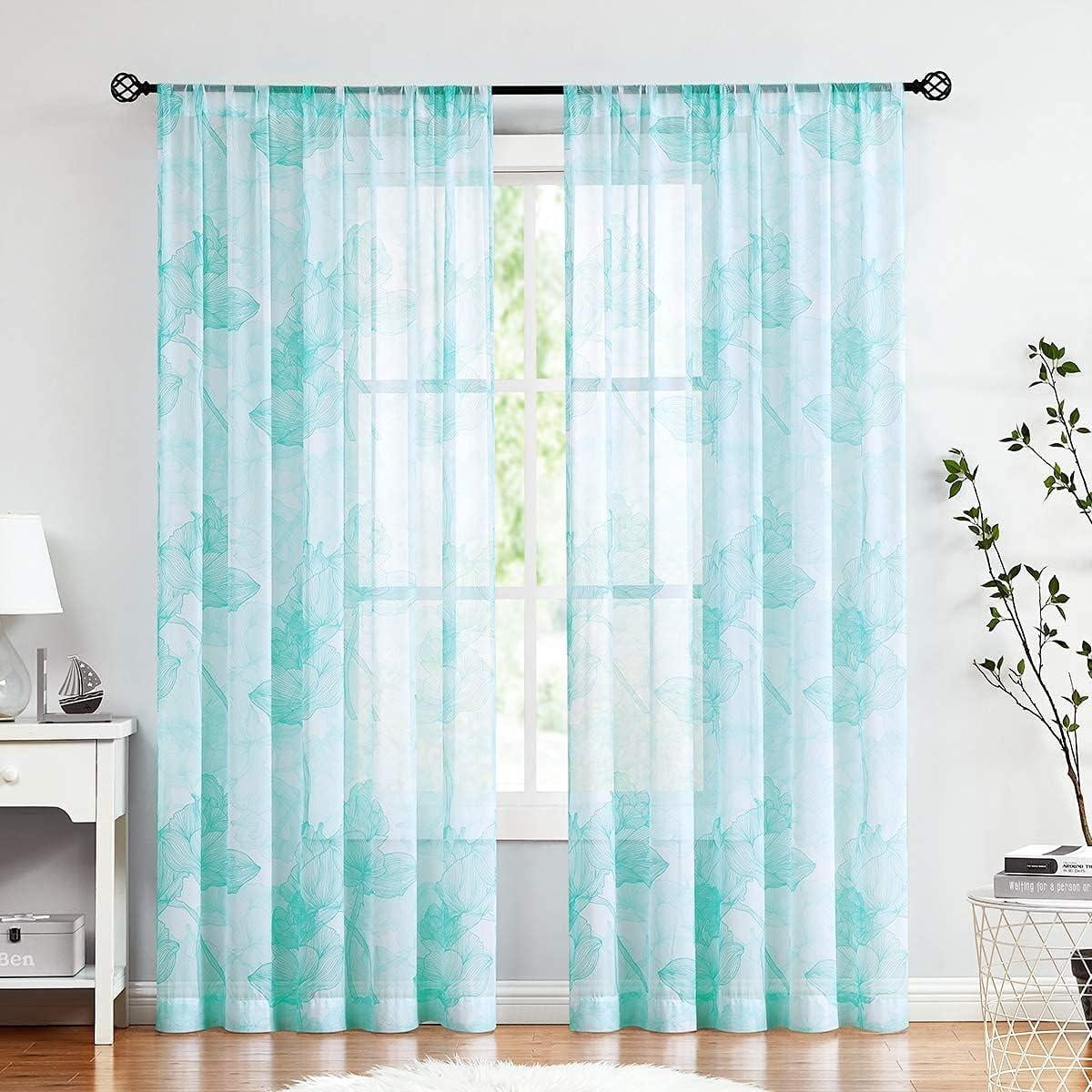 Treatmentex White Blue Print Sheer Window Curtains for Living Room ...