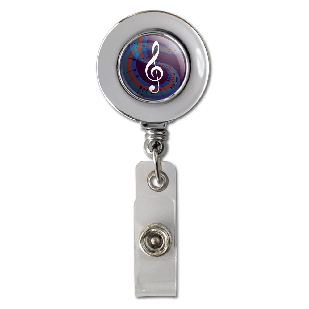 Treble Clef on Music Notes Retractable Reel Chrome Badge ID Card Holder ...